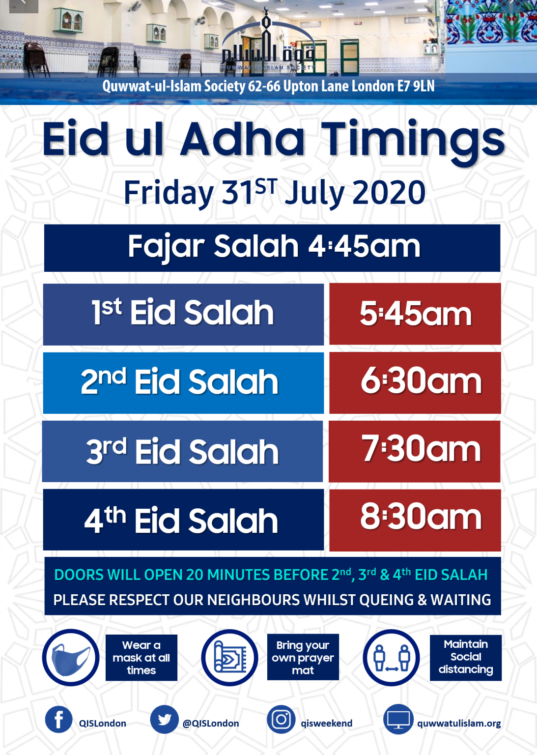 Eid-ul-Adha Salaah Timings 1441/2020 – Friday 31st July – Quwwat-ul-Islam